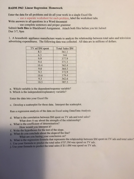 Solved BADM 3963 Linear Regression Homework Enter the data | Chegg.com