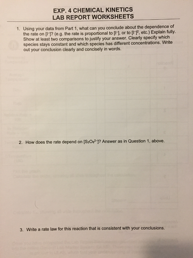 Solved EXP. 4 CHEMICAL KINETICS STUDENT COPY DATA SHEET | Chegg.com