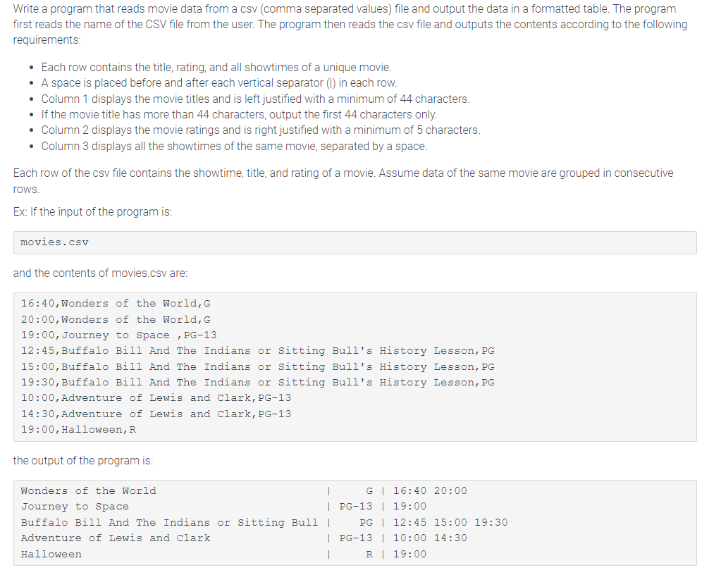 Solved Write a program that reaus movie data trom a csv | Chegg.com