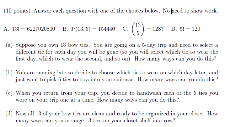 Solved (10 points) Answer each question with one of the | Chegg.com