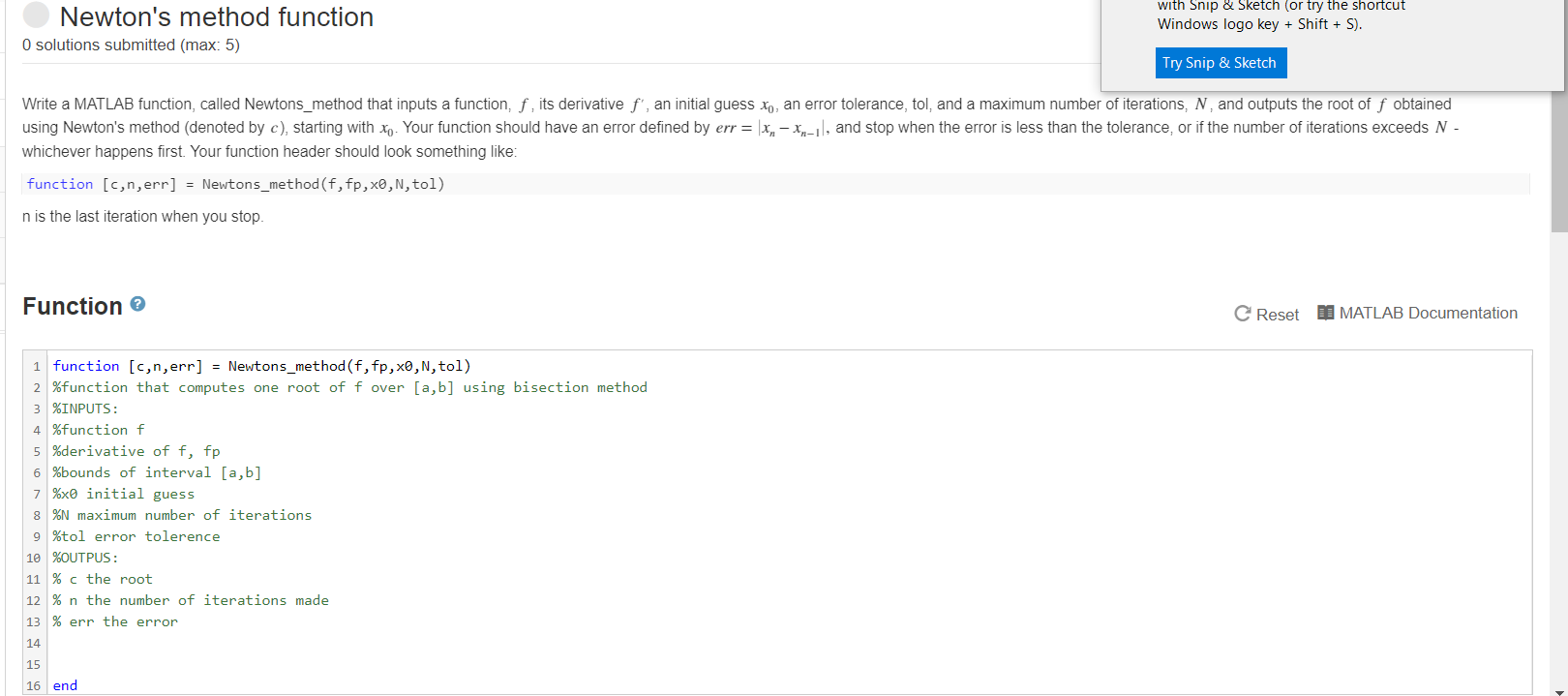 Solved Newton's method function O solutions submitted (max: | Chegg.com