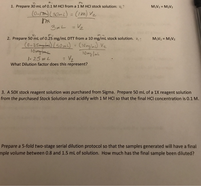 Solved Prepare 30 mL of 0.1 M HCl from a 1 M HCl stock | Chegg.com
