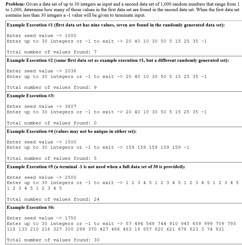 Solved Problem: Given a data set of up to 30 integers as | Chegg.com