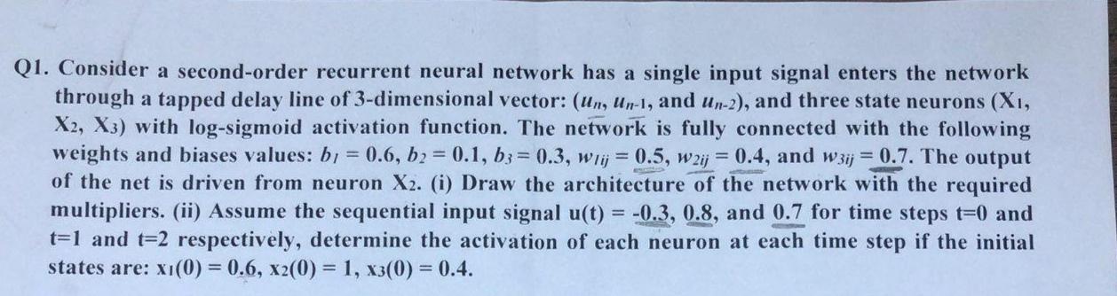 Solved Q1. Consider a second-order recurrent neural network | Chegg.com