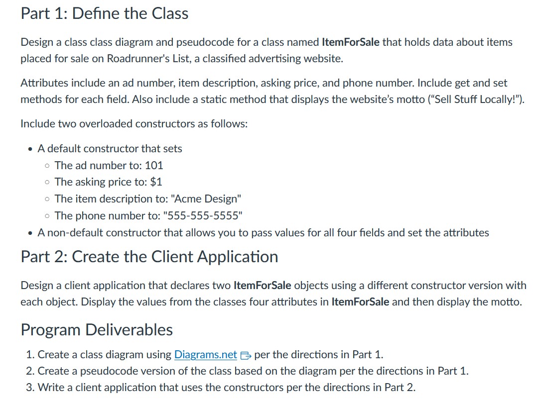 Solved Part 1: Define the ClassDesign a class class diagram | Chegg.com