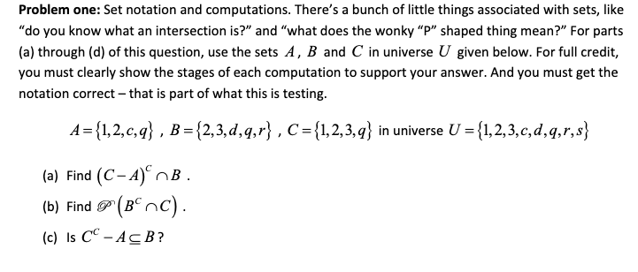 Solved Problem one: Set notation and computations. There's a | Chegg.com