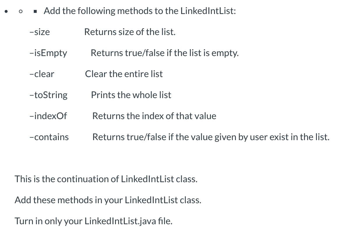 Solved • Add the following methods to the LinkedIntList: | Chegg.com