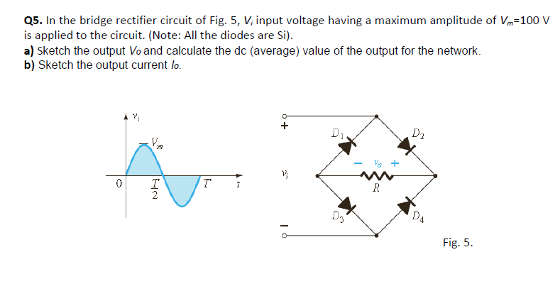 Solved Q5. In the bridge rectifier circuit of Fig. 5, Vi | Chegg.com