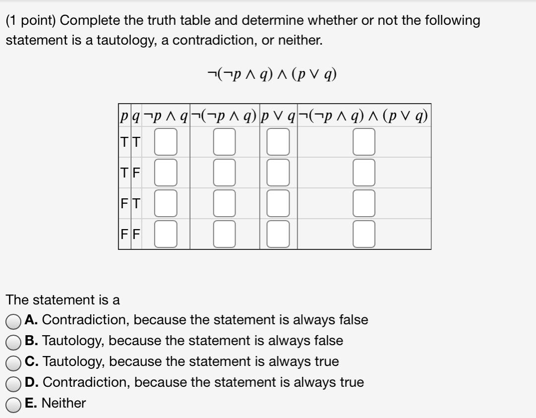 Solved (1 point) Complete the truth table and determine | Chegg.com