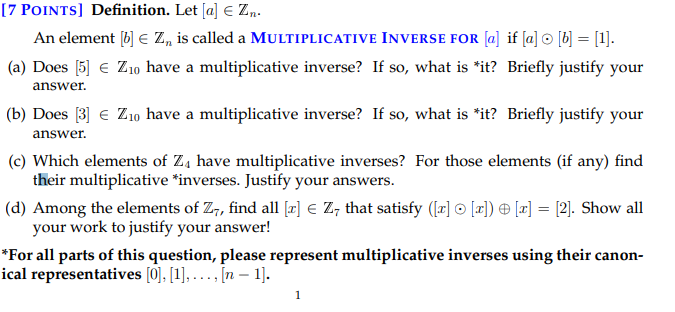 Solved 7 PoINTS ] Definition. Let [a]∈Zn. An element [b]∈Zn | Chegg.com