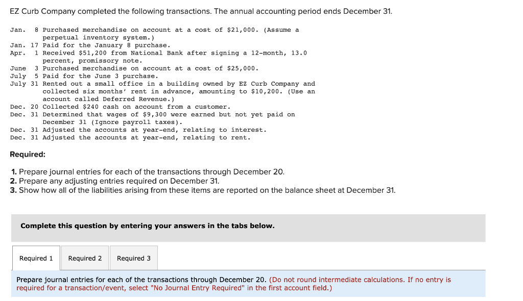 Solved EZ Curb Company completed the following transactions. | Chegg.com