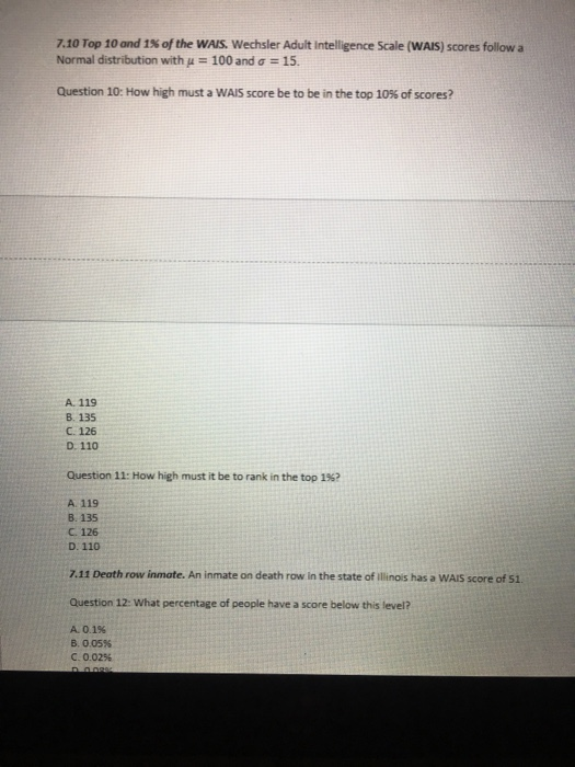 Solved 7.10 Top 10 and 1% of the WAIS Wechsler Adult | Chegg.com