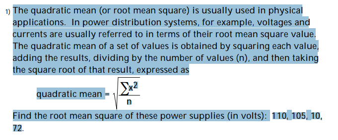 Solved n The quadratic mean (or root mean square) is usually | Chegg.com
