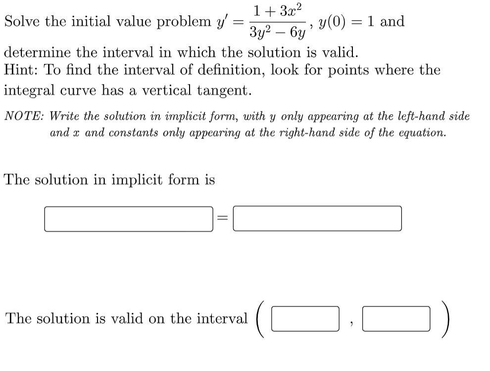 Solved 7 1+ 3x2 Solve the initial value problem y' 3y2 – 6y | Chegg.com