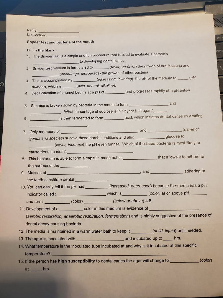Solved Name: Lab Section: prts Snyder test and bacteria of | Chegg.com