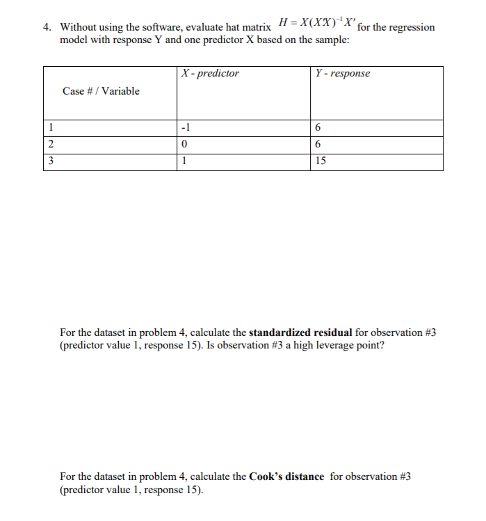4. Without using the software, evaluate hat matrix H | Chegg.com