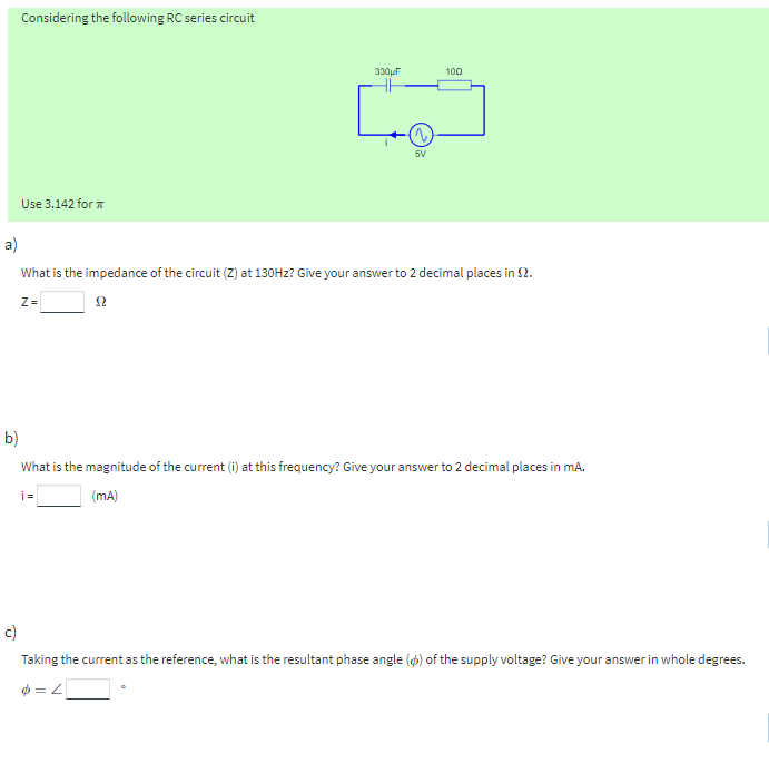Solved Considering the following RC series circuit 3301F 100 | Chegg.com