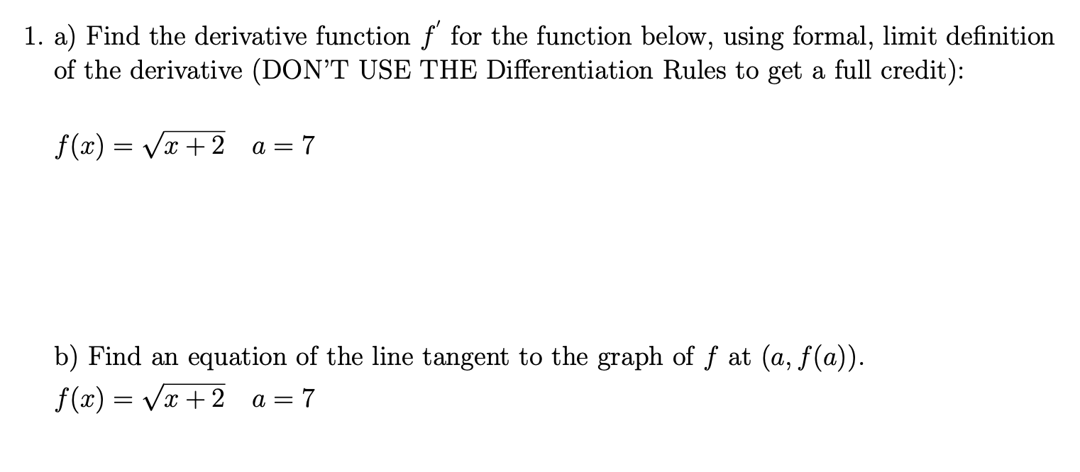 Solved 1. a) Find the derivative function f' for the | Chegg.com