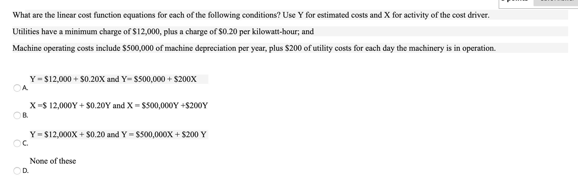 Solved What are the linear cost function equations for each | Chegg.com