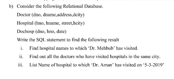 Solved b) Consider the following Relational Database. Doctor | Chegg.com
