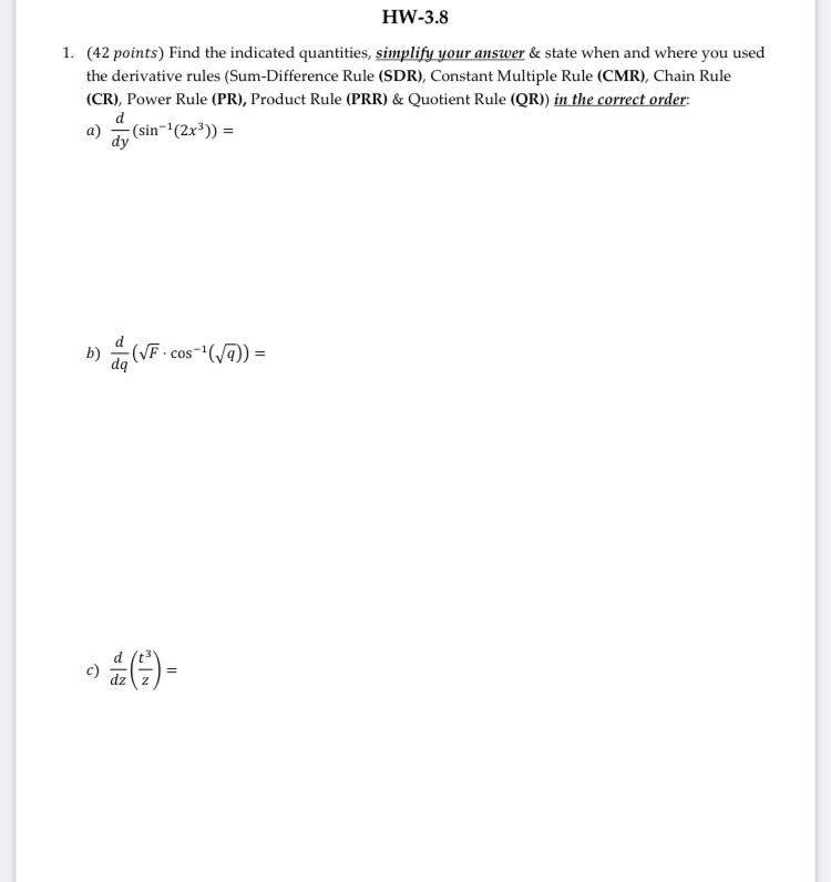 Solved HW-3.8 1. (42 points) Find the indicated quantities, | Chegg.com