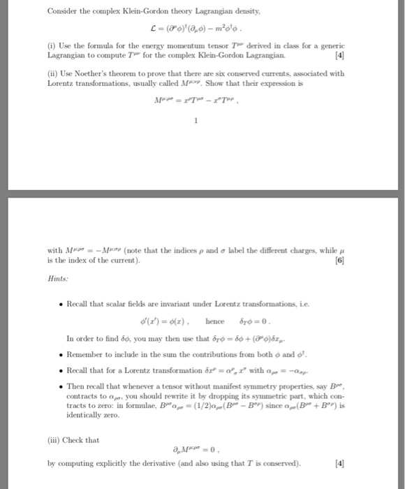 Consider the complex Klein-Gordon theory Lagrangian | Chegg.com