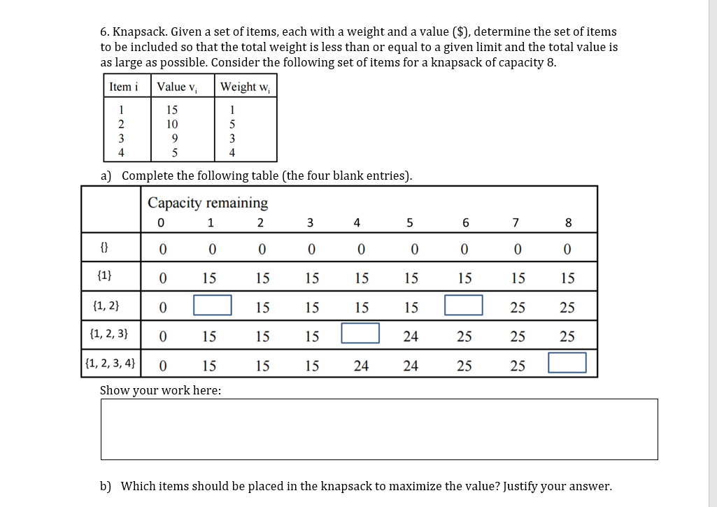 (Solved) : 6 Knapsack Given Set Items Weight Value Determine Set Items ... (Solved) : 6 Knapsack Given Set Items Weight Value Determine Set Items ...