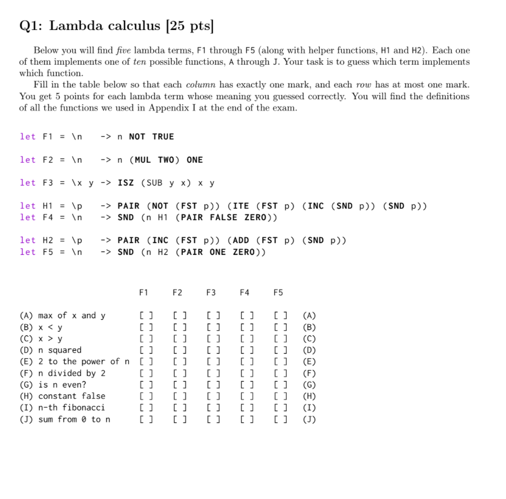 Q1: Lambda calculus (25 pts] Below you will find five | Chegg.com