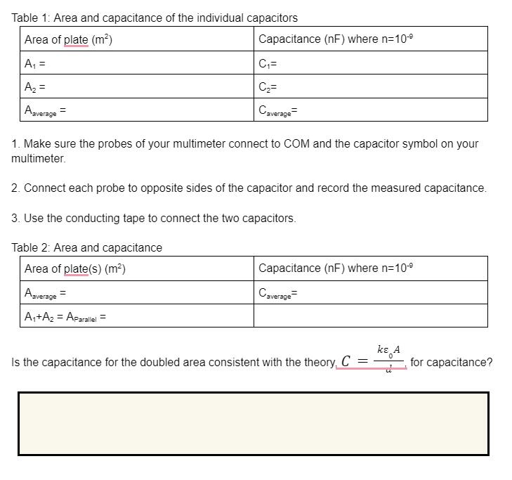 Table 1: Area and capacitance of the individual | Chegg.com