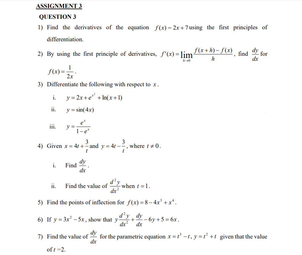 Solved ASSIGNMENT 3 QUESTION 3 1) Find the derivatives of | Chegg.com