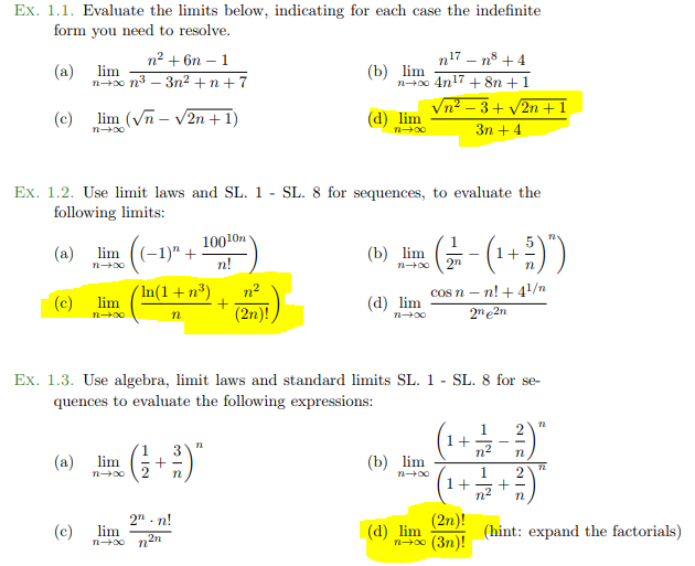 Solved Ex. 1.1. Evaluate the limits below, indicating for | Chegg.com