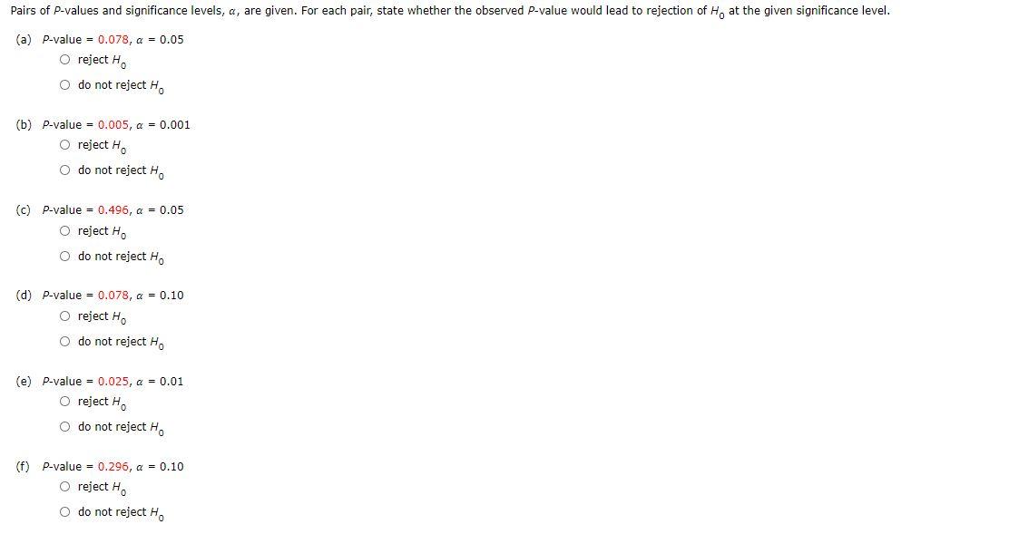 Solved Pairs of P-values and significance levels, a, are | Chegg.com