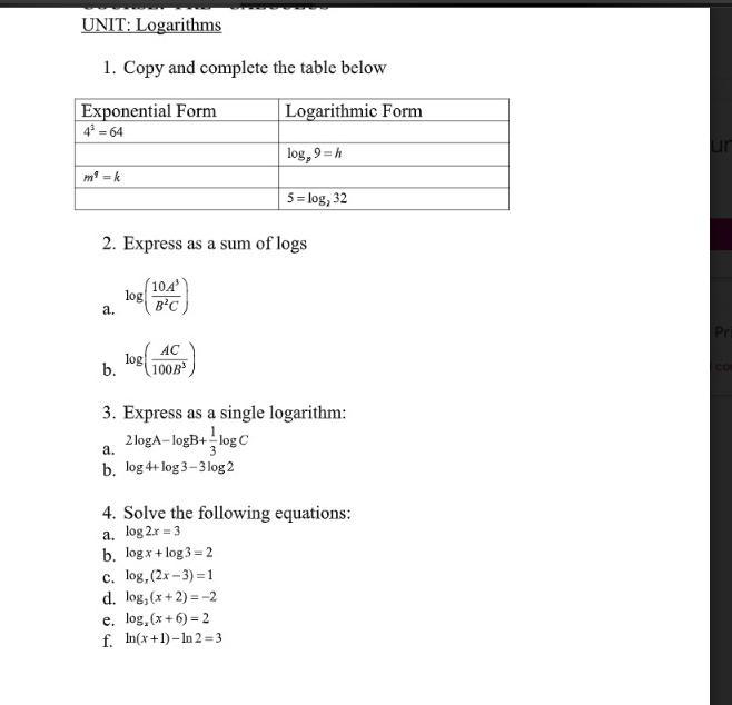 Solved UNIT: Logarithms 1. Copy and complete the table below | Chegg.com