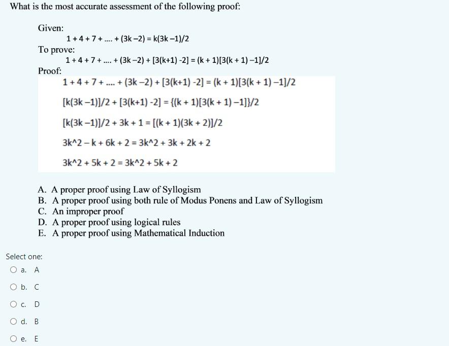 Solved Given: 1+4+7+….+(3k−2)=k(3k−1)/2 To prove: | Chegg.com