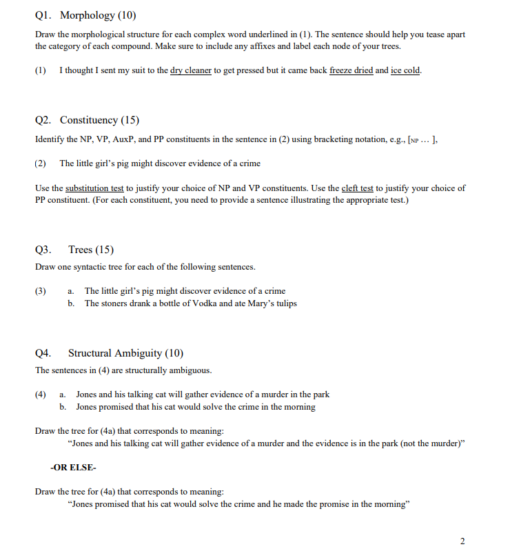 Q1. Morphology (10) Draw the morphological structure | Chegg.com
