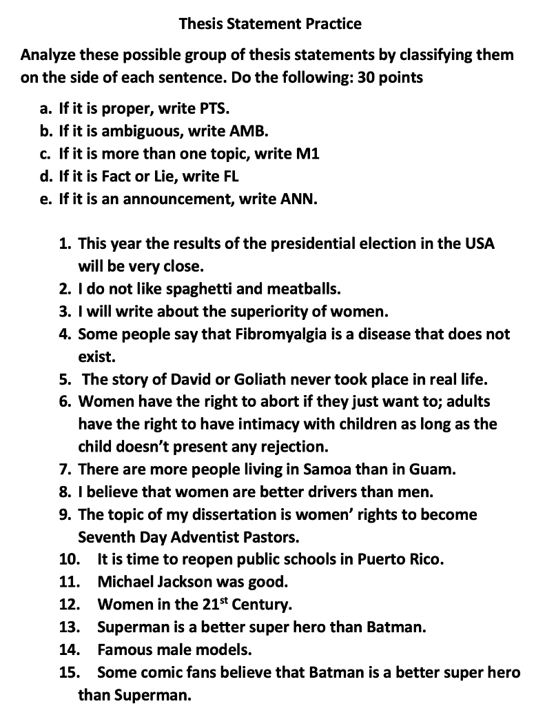 Thesis Statement Practice Analyze these possible | Chegg.com