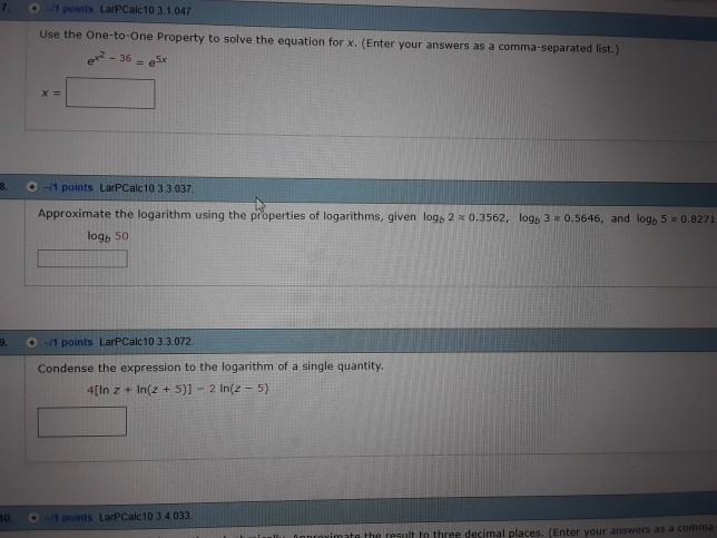 Solved 7 01 points LarPCalc10 3.1.047 Use the One-to-One | Chegg.com