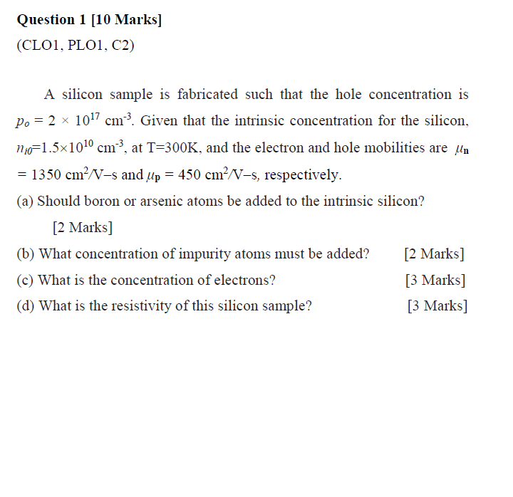 Solved Question 1 [10 Marks] (CLO1, PLOI, C2) A silicon | Chegg.com