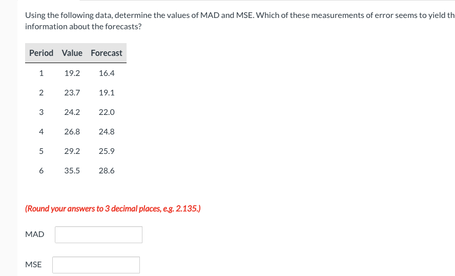 Solved Using the following data, determine the values of MAD | Chegg.com