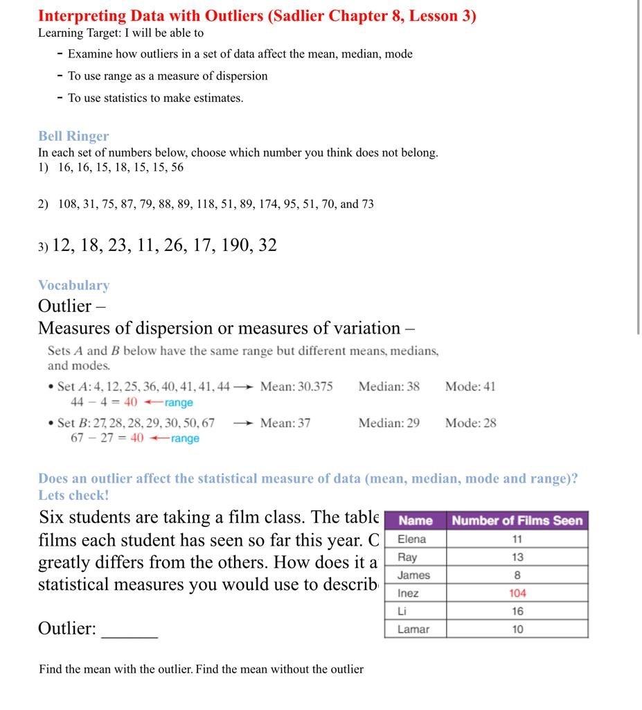 Solved Interpreting Data with Outliers (Sadlier Chapter 8, | Chegg.com
