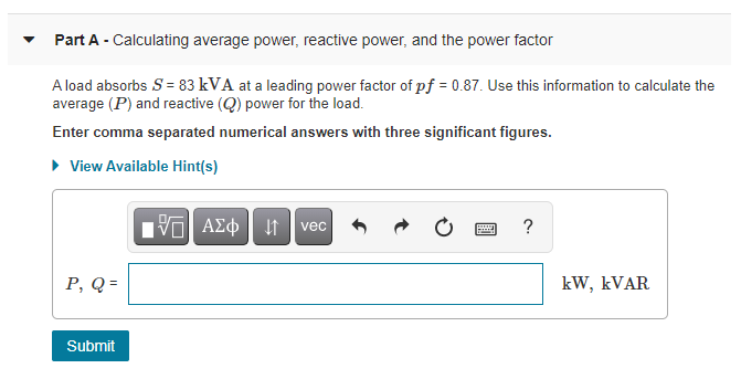 Solved Part A - Calculating average power, reactive power, | Chegg.com