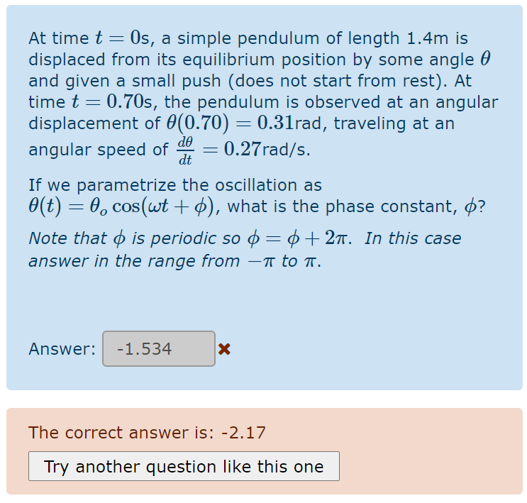 Solved dᎾ At time t = 0s, a simple pendulum of length 1.4m | Chegg.com