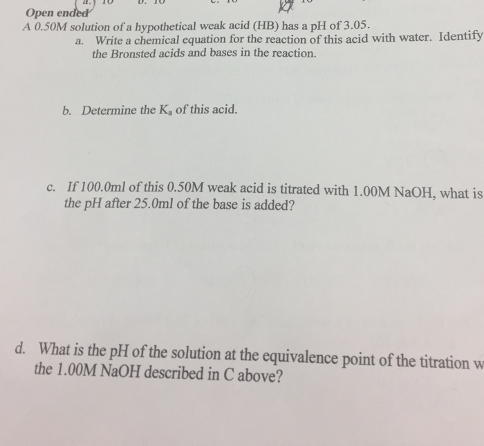 Solved A 0.50M solution of a hypothetical weak acid (HB) has | Chegg.com