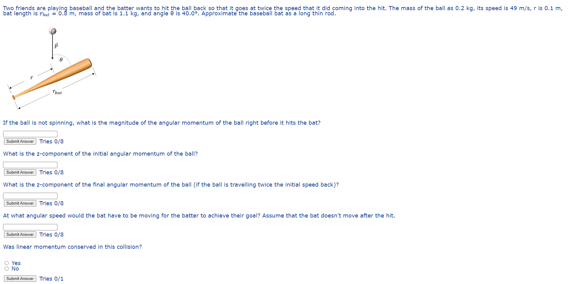 Solved bat length is rbat =0.8 m, mass of bat is 1.1 kg, and | Chegg.com