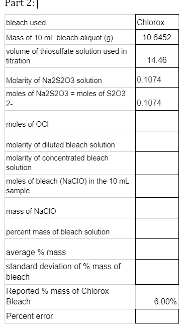Solved Part 2:|\table[[bleach used,Chlorox],[Mass of 10mL | Chegg.com