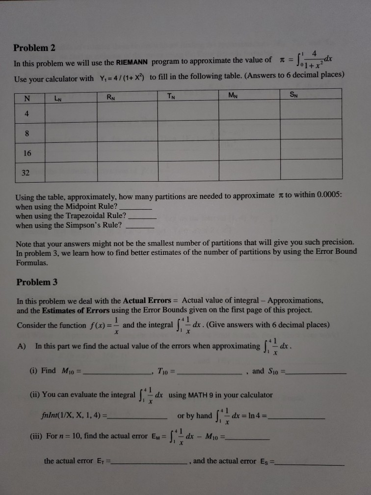 Math1242 Project I Name: Riemann Sums and Definite | Chegg.com