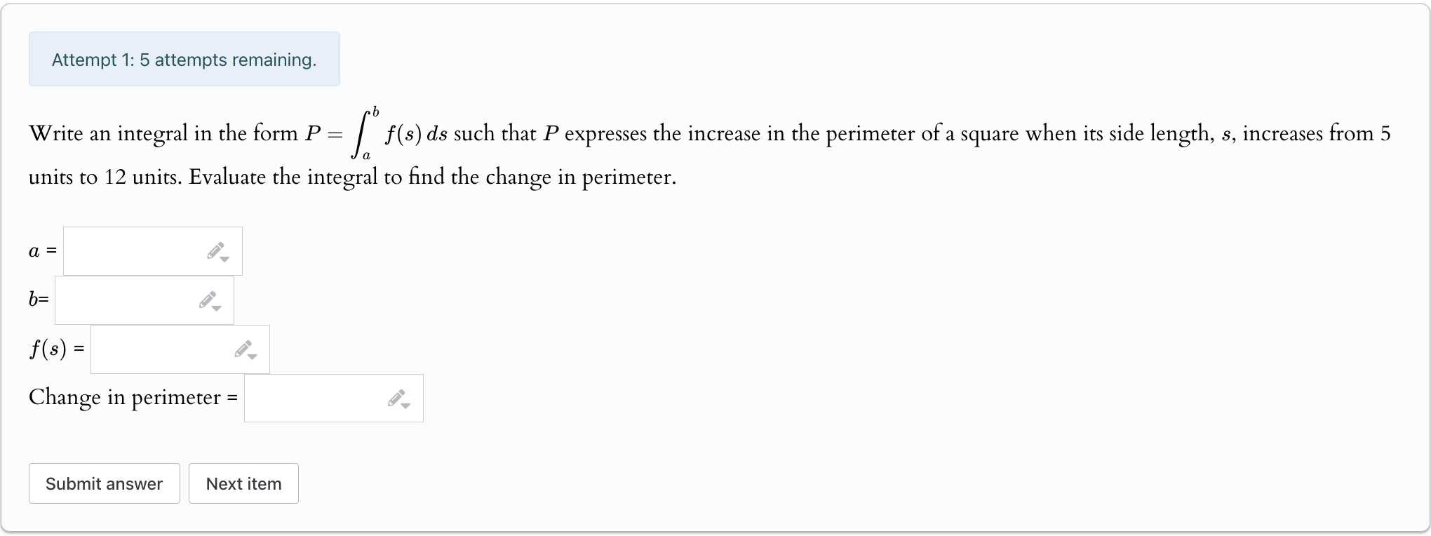 Solved Attempt 1: 5 ﻿attempts remaining.Write an ﻿integral | Chegg.com