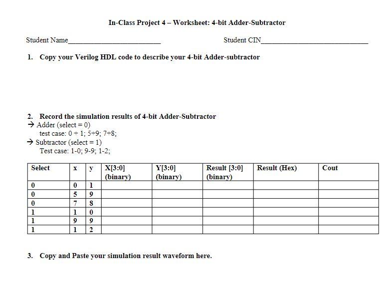 Solved In-Class Project 4 - Worksheet: 4-bit | Chegg.com
