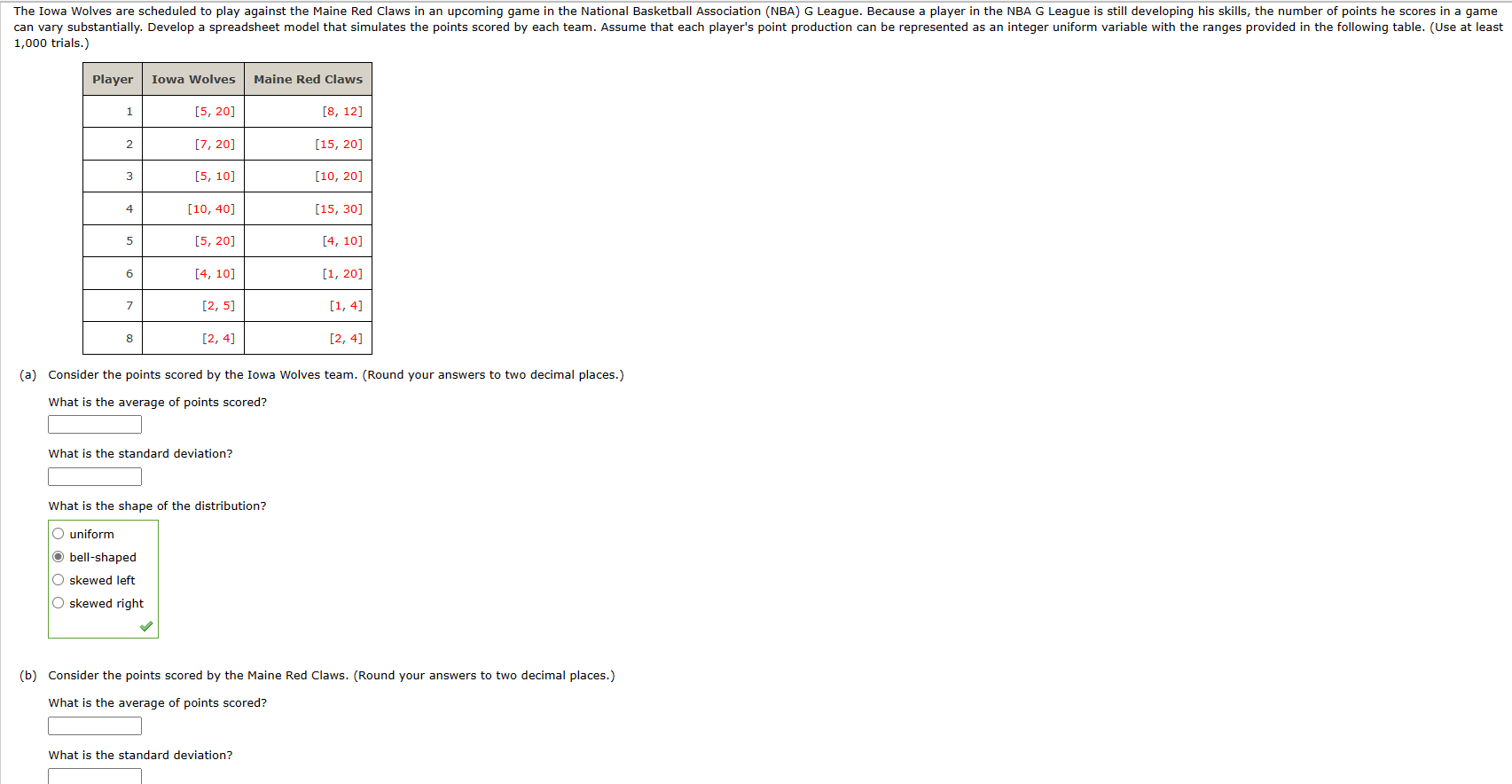 Solved 1,000 trials.) (a) Consider the points scored by the | Chegg.com