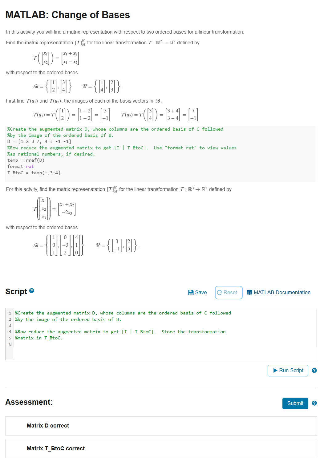 Solved MATLAB: Change of ﻿BasesIn ﻿this activity you will | Chegg.com